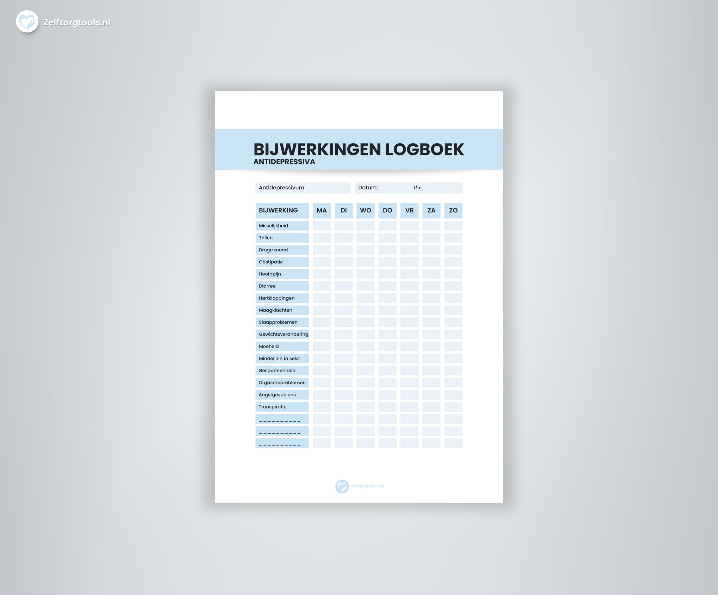 Bijwerkingen logboek Antidepressiva – Week - Zelfzorgtools